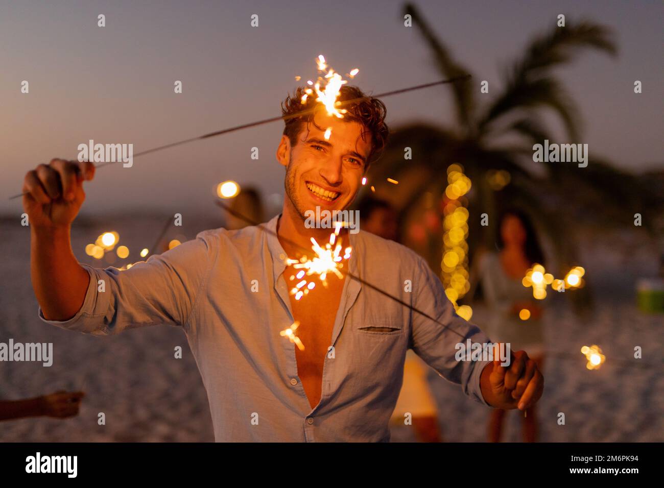 Multi-ethnic group of male and female dancing with firework stick Stock ...