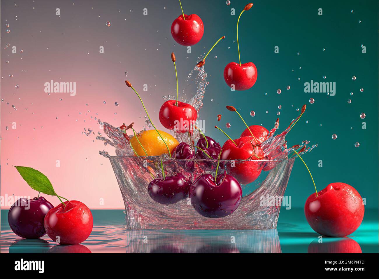cherries and cherry pieces falling into a water juice splash macro ...
