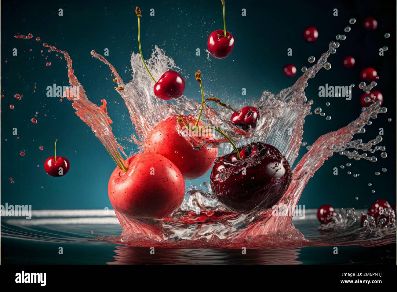 cherries and cherry pieces falling into a water juice splash macro ...