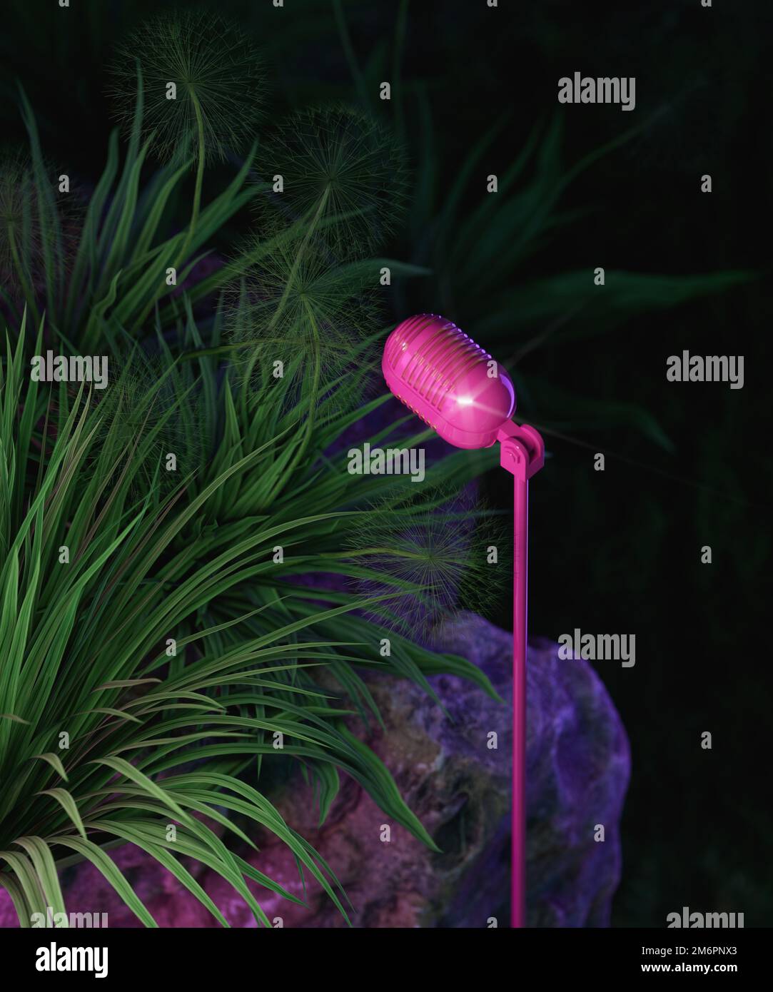 Pink microphone among night nature. 3d render, 3d illustration Stock ...