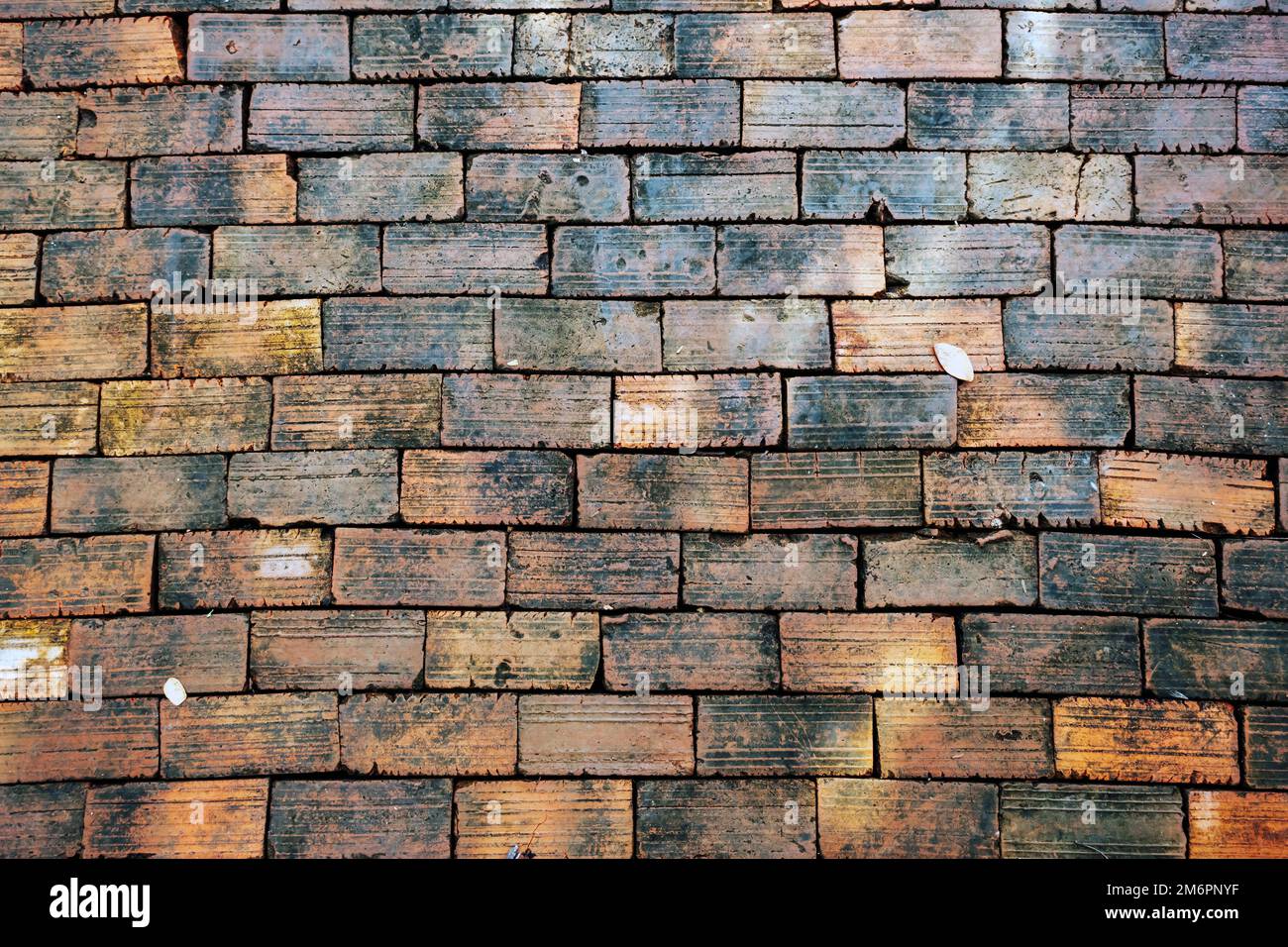 Top view of old bricks paving stones footpath pattern on sidewalk ...