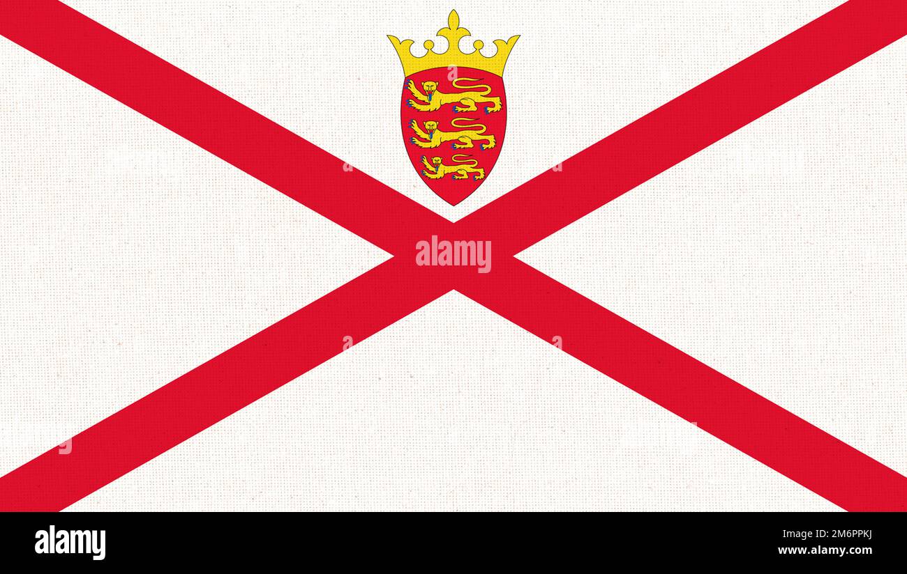 Flag of Jersey. Bailiwick of Jersey flag on fabric surface. Bailiwick of Jersey national flag ...