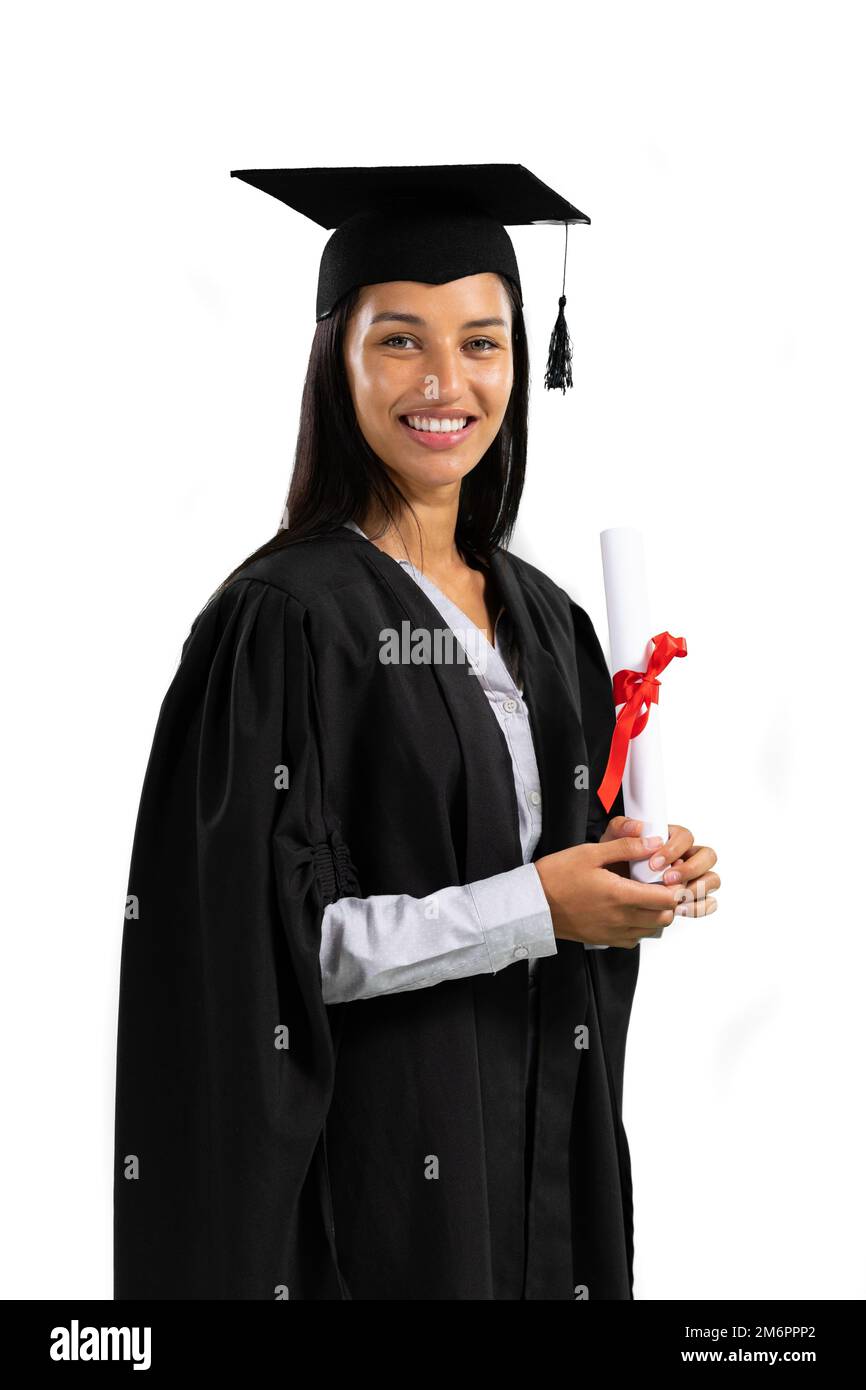 Mixed race female student holding a certificate graduating Stock Photo ...