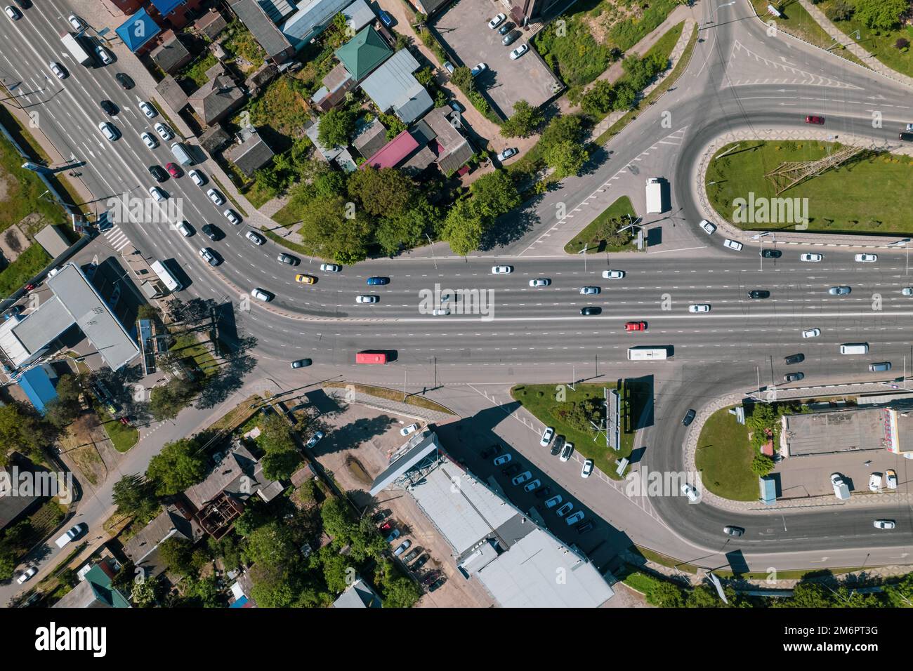 Aerial top down view of road bridge with traffic, road infrastructure ...
