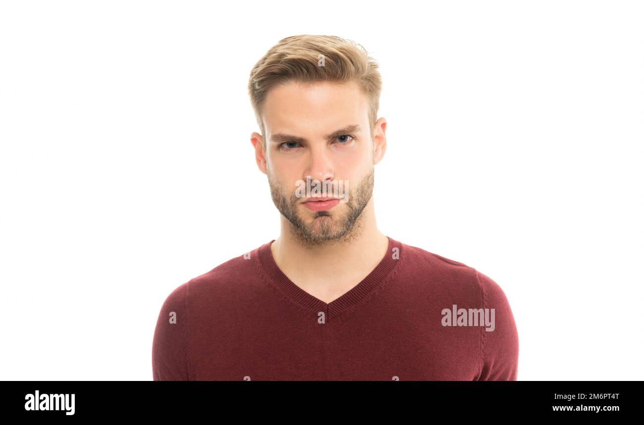 face of guy with stubble isolated on white. guy with stubble in studio ...