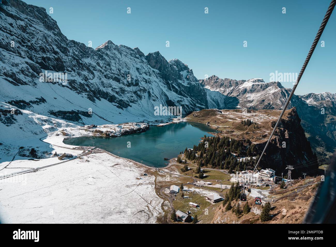 A high-angle view from the Ski lift at Mt. Titlis, Switzerland. The ...
