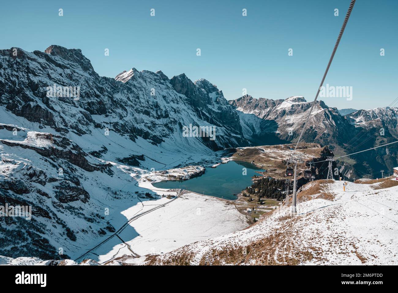 A high-angle view from the Ski lift at Mt. Titlis, Switzerland. The ...