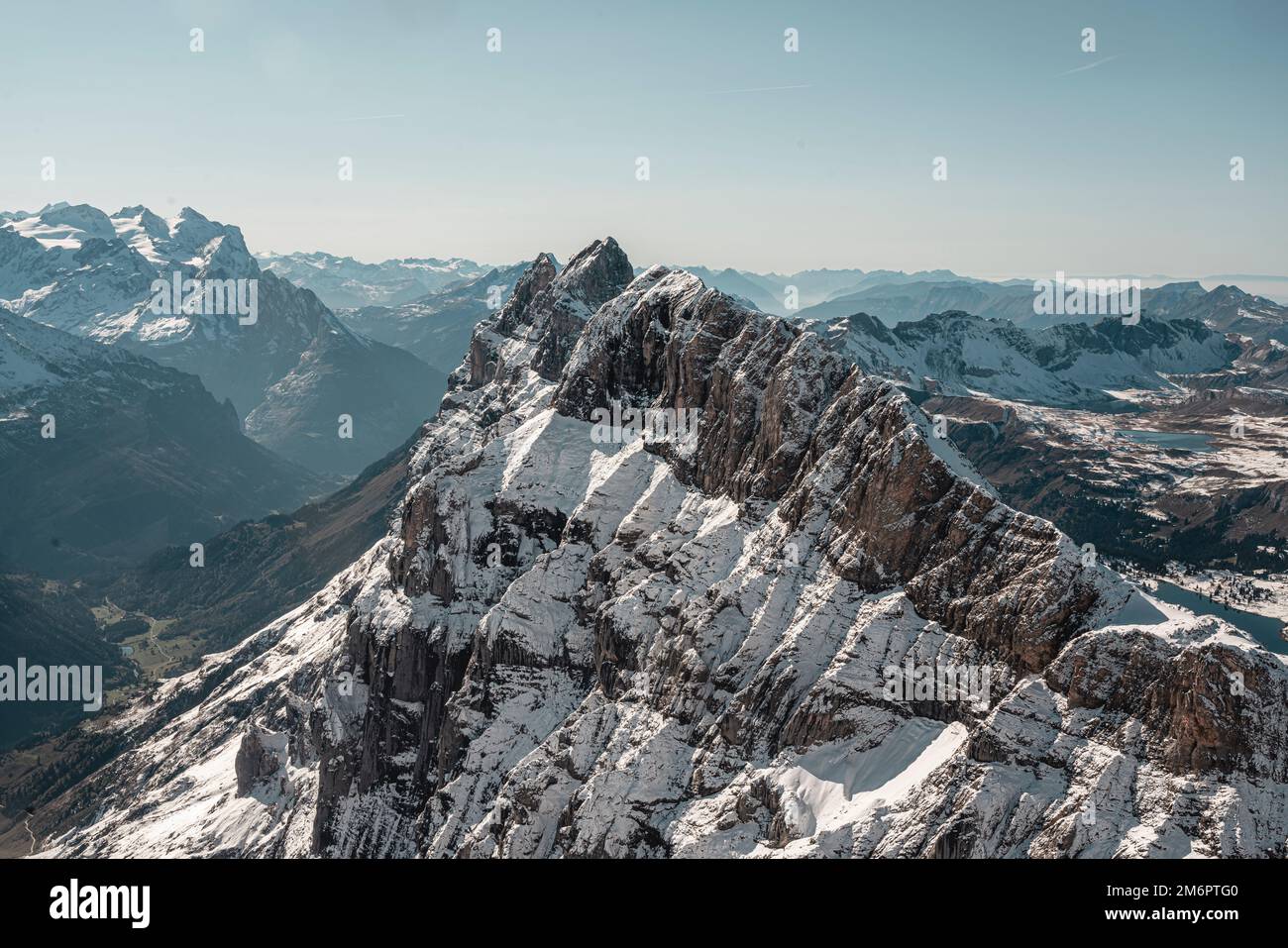An aerial view of the mountain range at the Lake Trubsee Ski Resort in ...