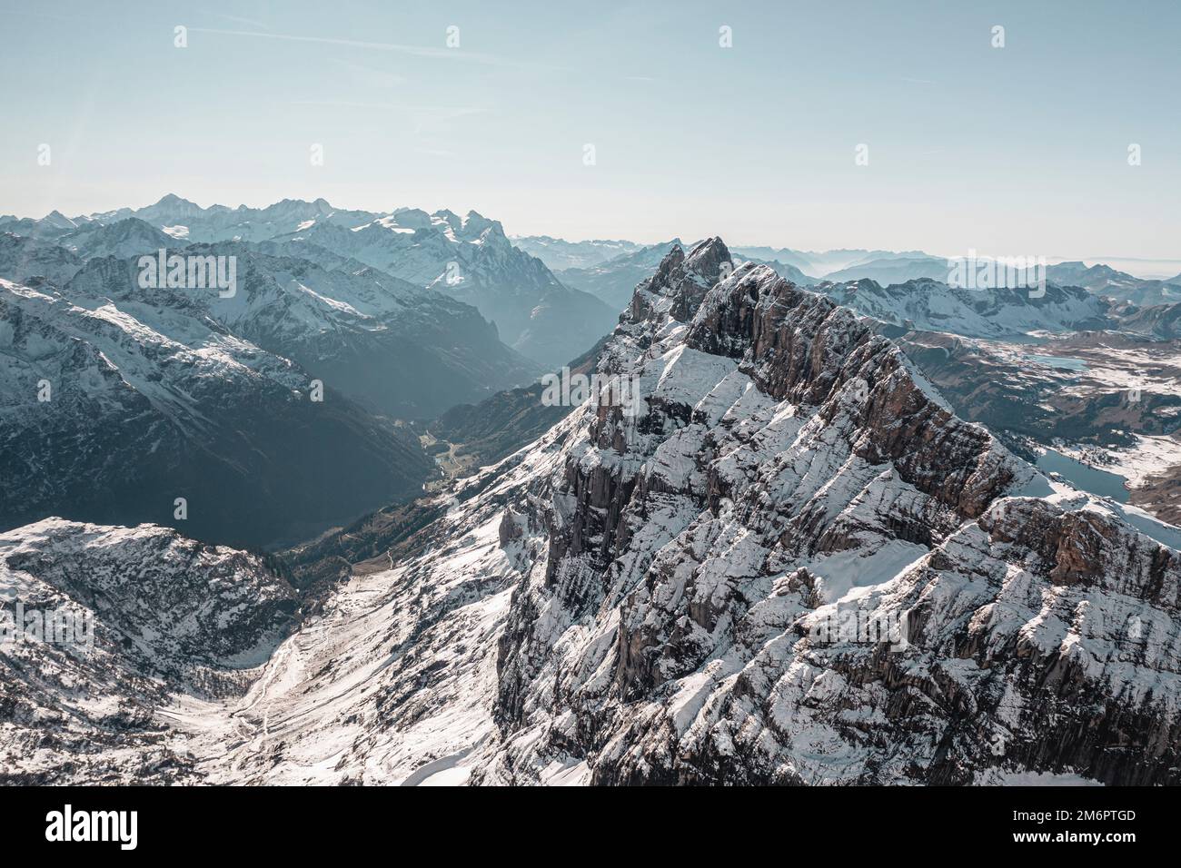 An aerial view of the mountain range at the Lake Trubsee Ski Resort in ...