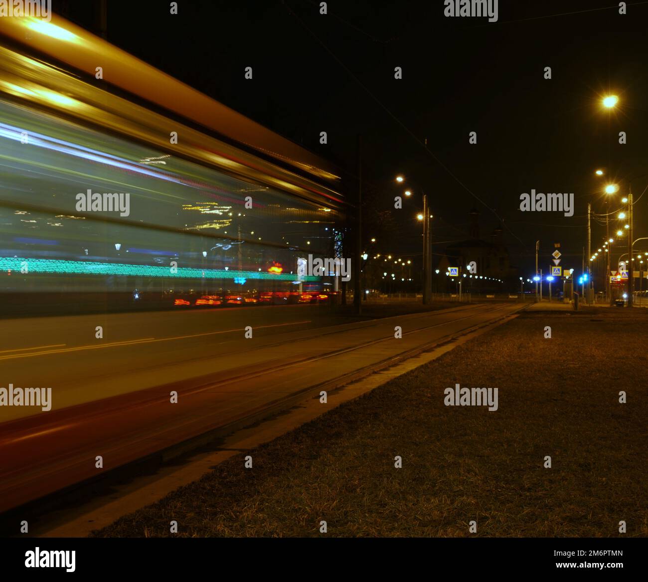 tram high speed at night motion blur passing by, long exposure Stock ...