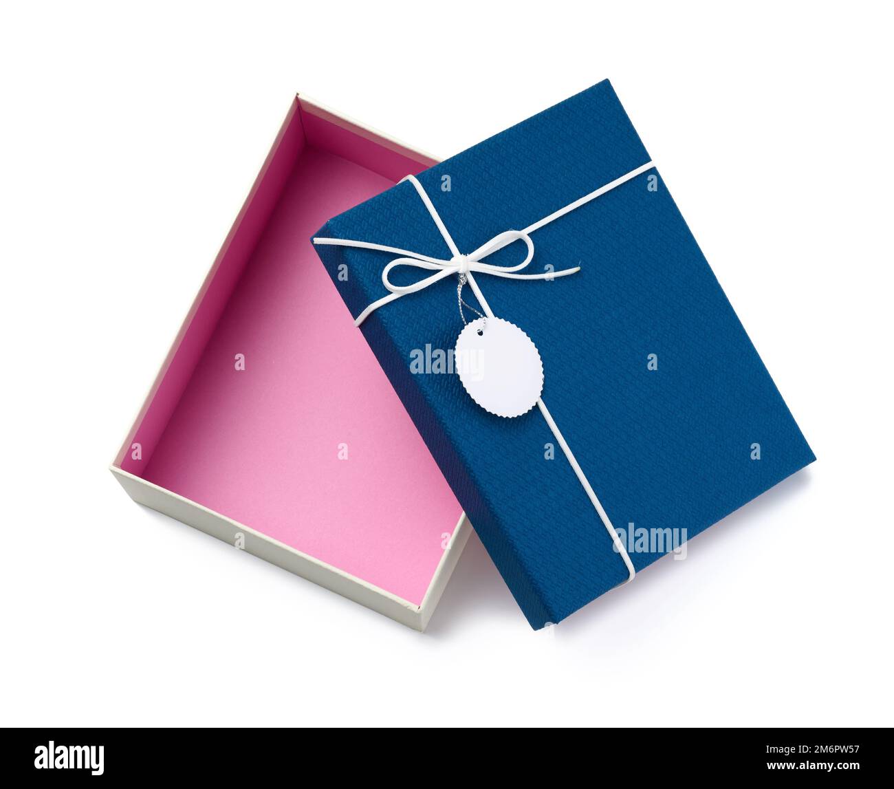 Empty rectangular white cardboard box with blue lid for gift wrapping ...