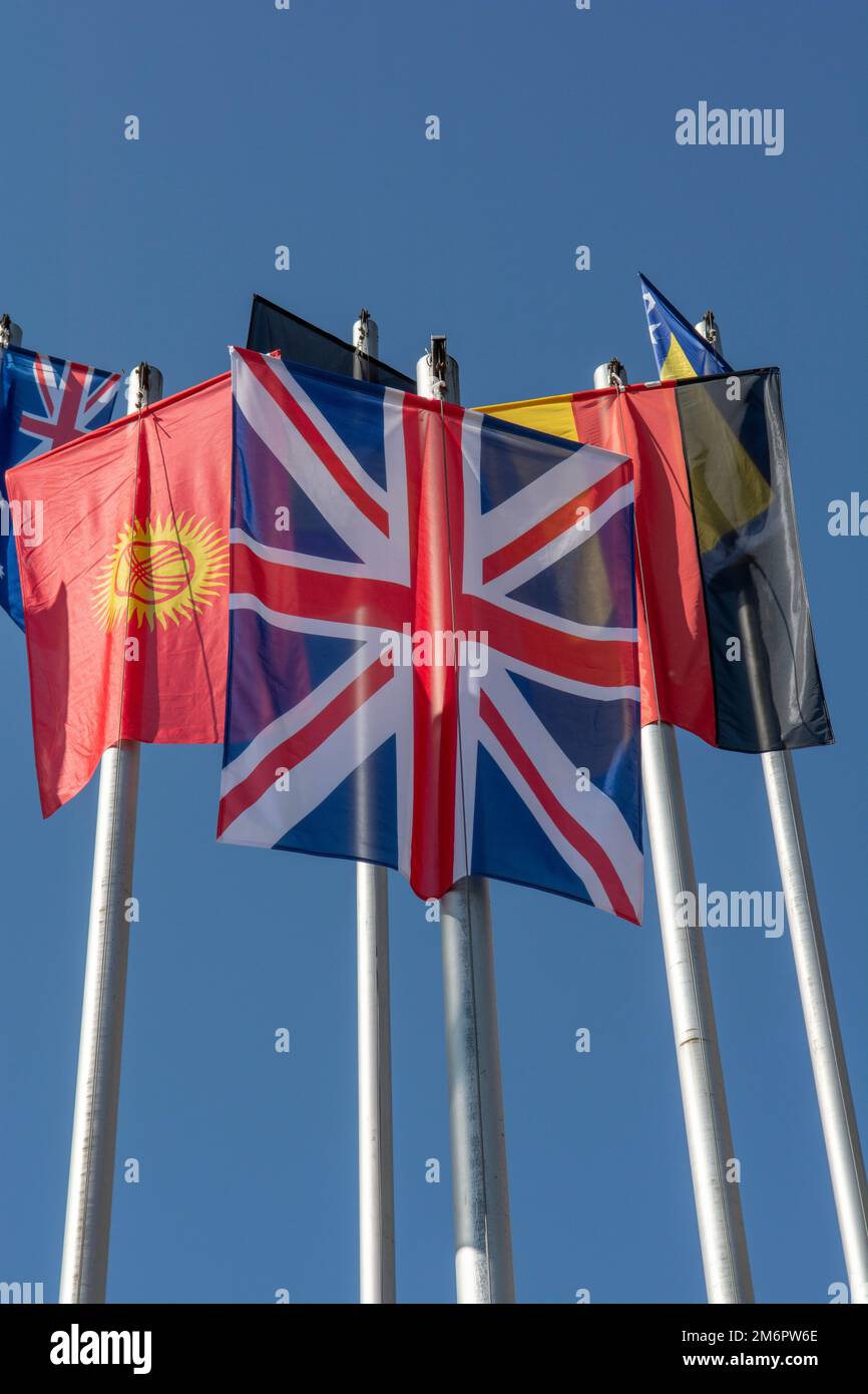 Row of national flags. World Flags Blowing In The Wind Stock Photo - Alamy