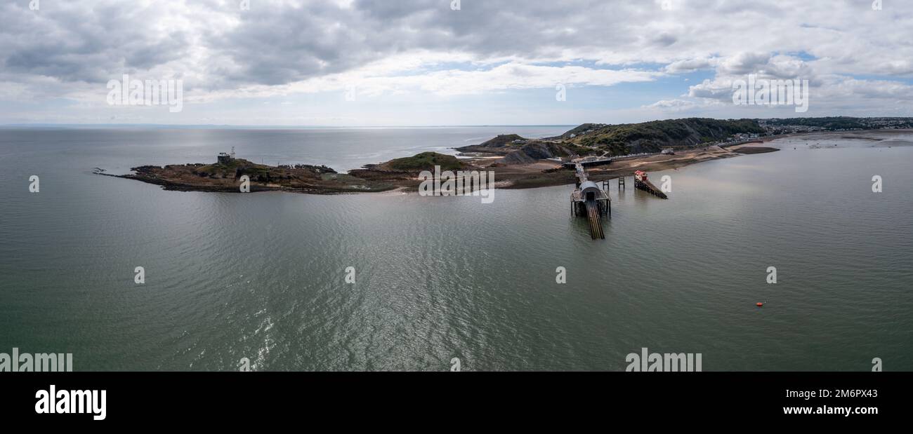 Aerial view of the Mumbles headland with the historic lighthouse and ...