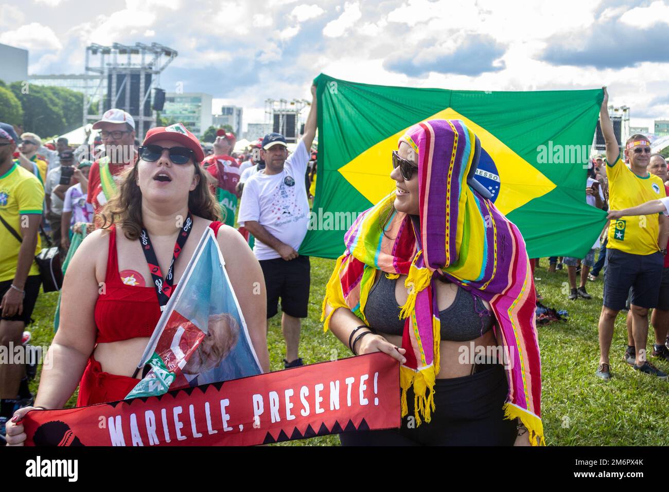 Brasília, DF, Brazil – January 01, 2023: Two women with a banner ...