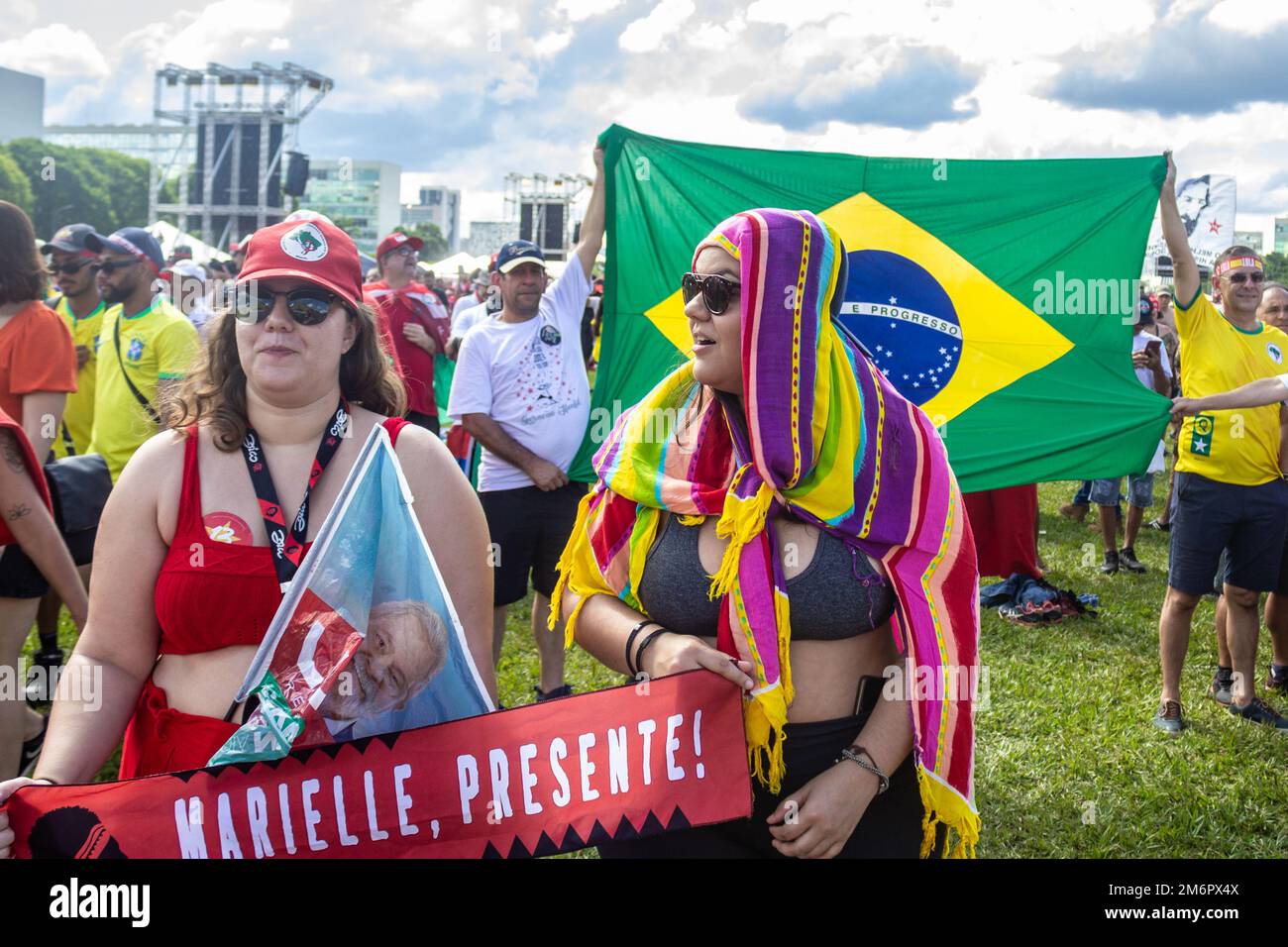 Brasília, DF, Brazil – January 01, 2023: Two women with a banner ...