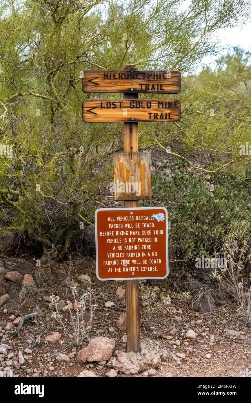 A description board for the trails in Gold Canyon, Arizona Stock Photo ...