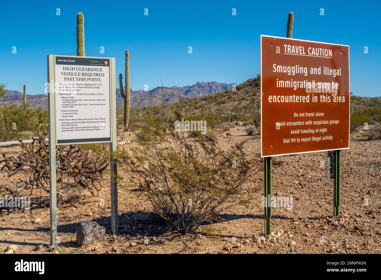 A warning signboard for travelers in Organ Pipe NM, Arizona Stock Photo ...