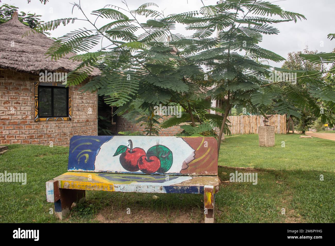 African lodge for tourists, with round shaped traditional houses called ...
