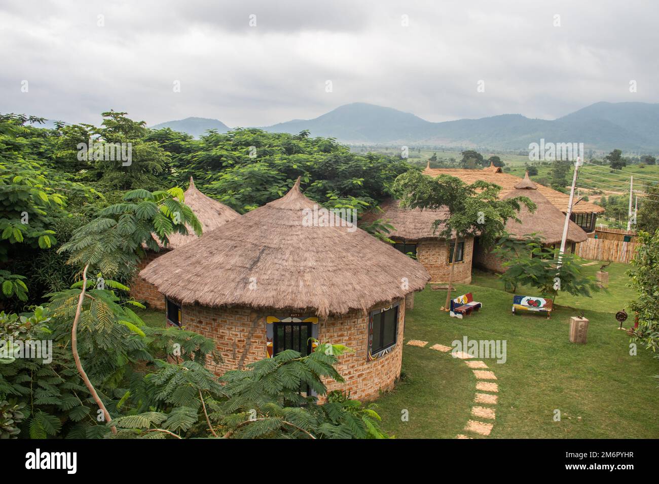 African lodge for tourists, with round shaped traditional houses called ...