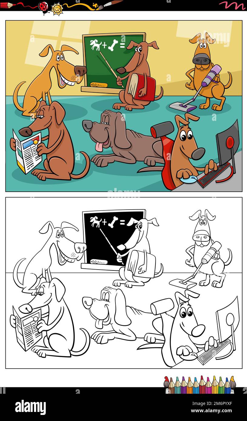 Cartoon dogs animal characters group coloring page Stock Photo - Alamy