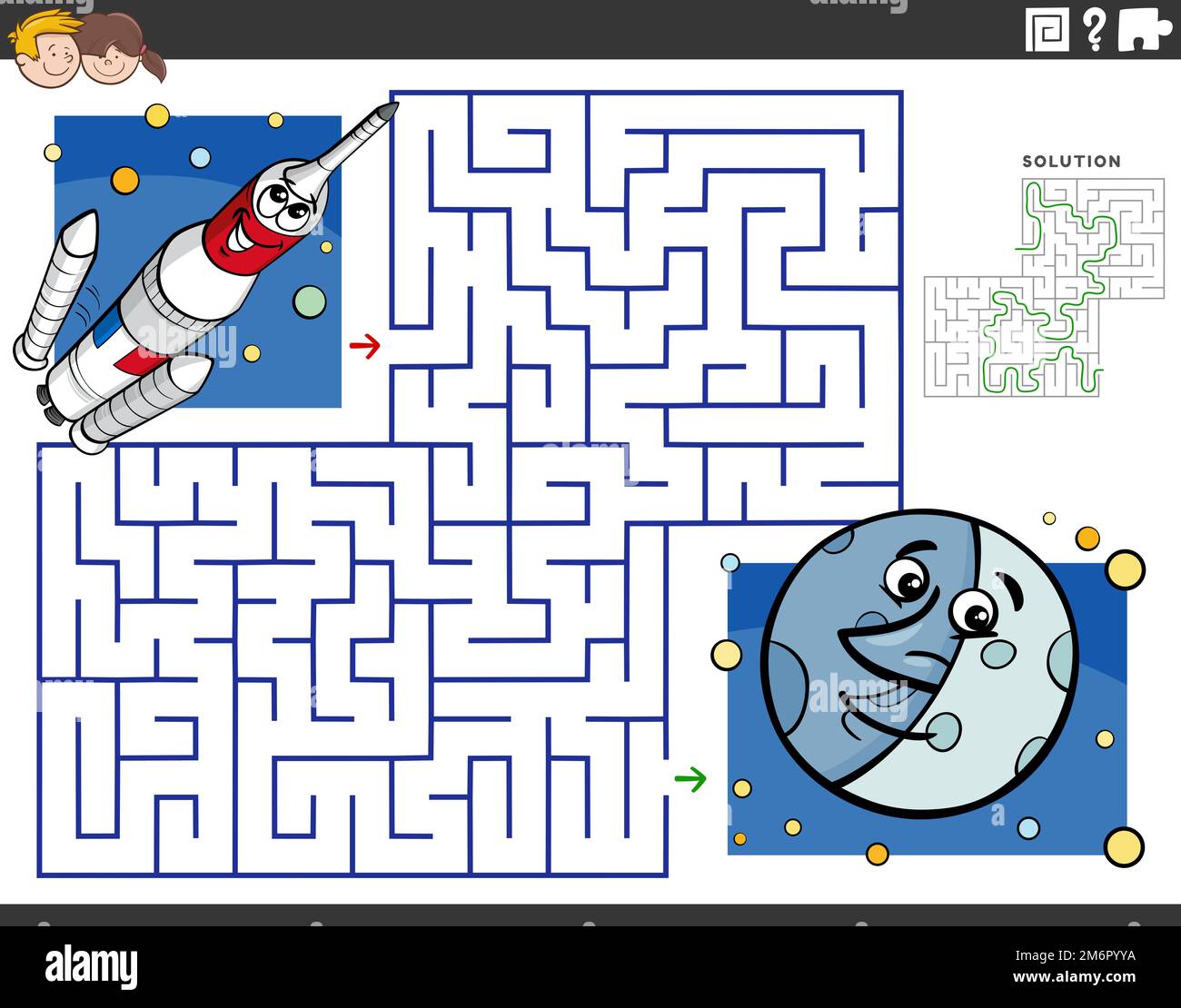 Maze with cartoon rocket in space and the moon Stock Photo - Alamy