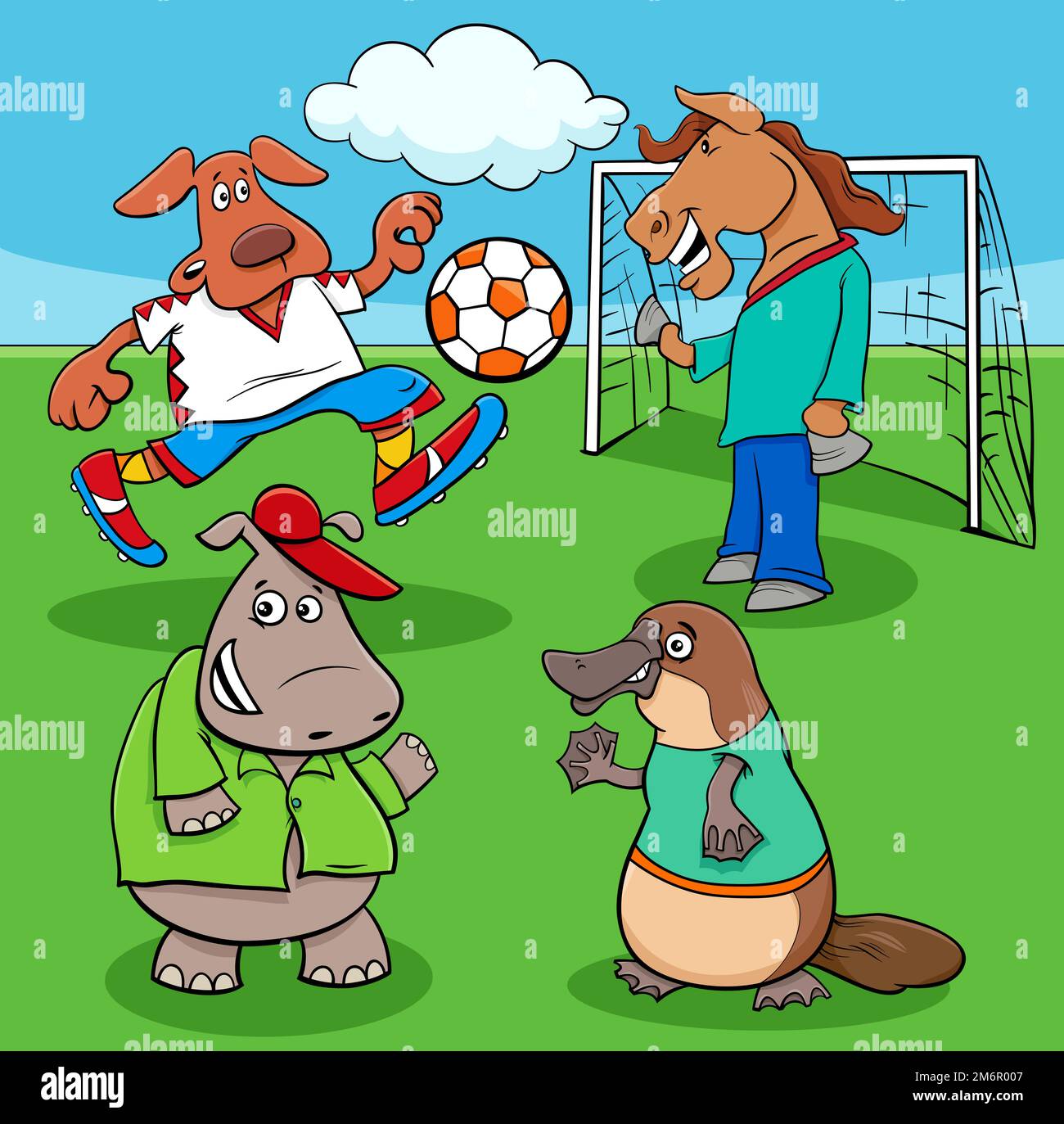 Cartoon animal soccer players on football field Stock Photo - Alamy