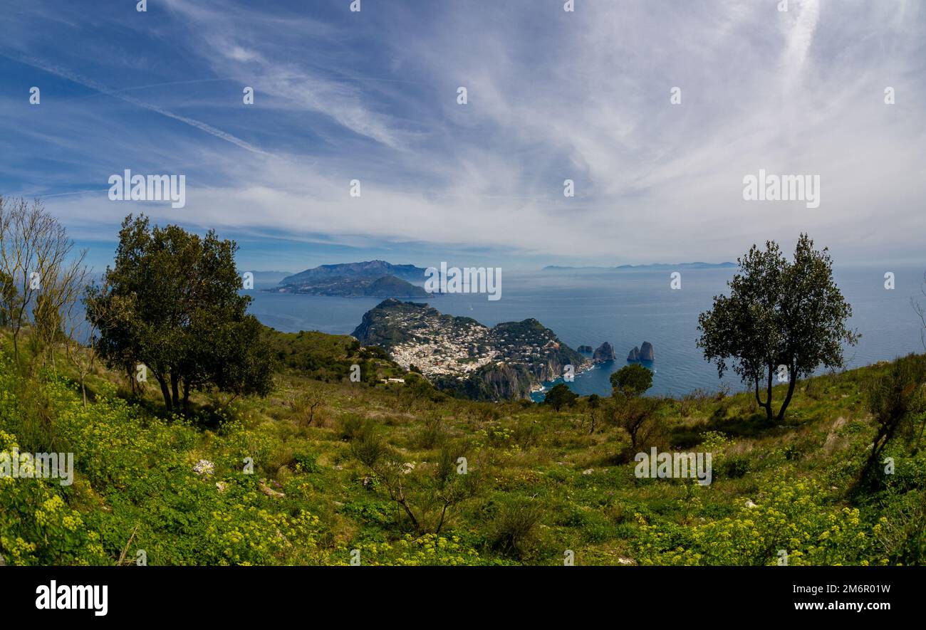 View from a cliff on the island of Capri, Italy, and rocks in the sea ...