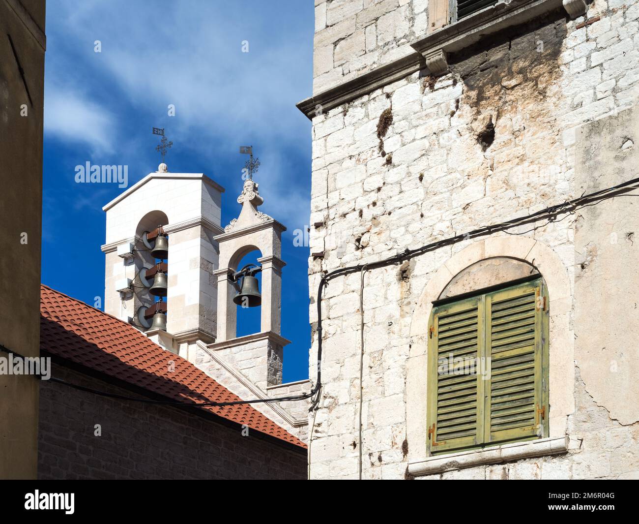 Bell tower with clock, Church of St. Barbara at Sibenik, Croatia Stock ...