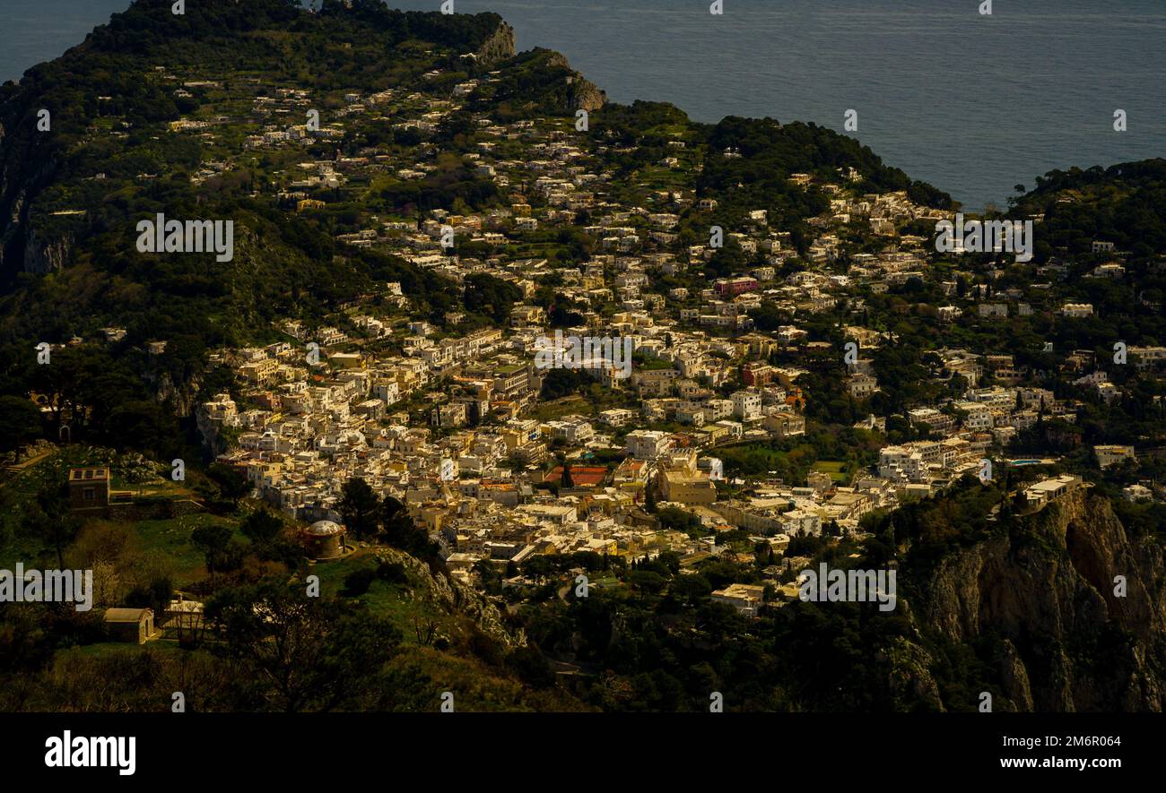 View from a cliff on the island of Capri, Italy, and rocks in the sea ...