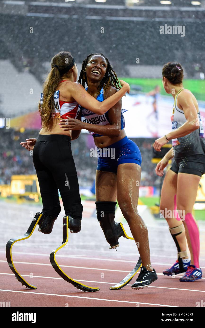 Abassia Rahmani (Swiss) and Femita Ayanbeku (USA) after 200m T44 race at the 2017 World Para ...