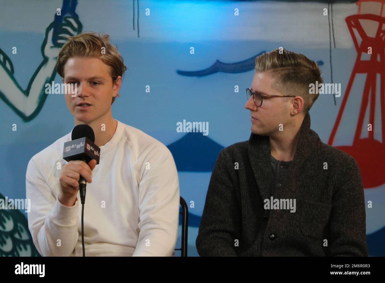 Colony House filming an interview in Brooklyn Stock Photo - Alamy