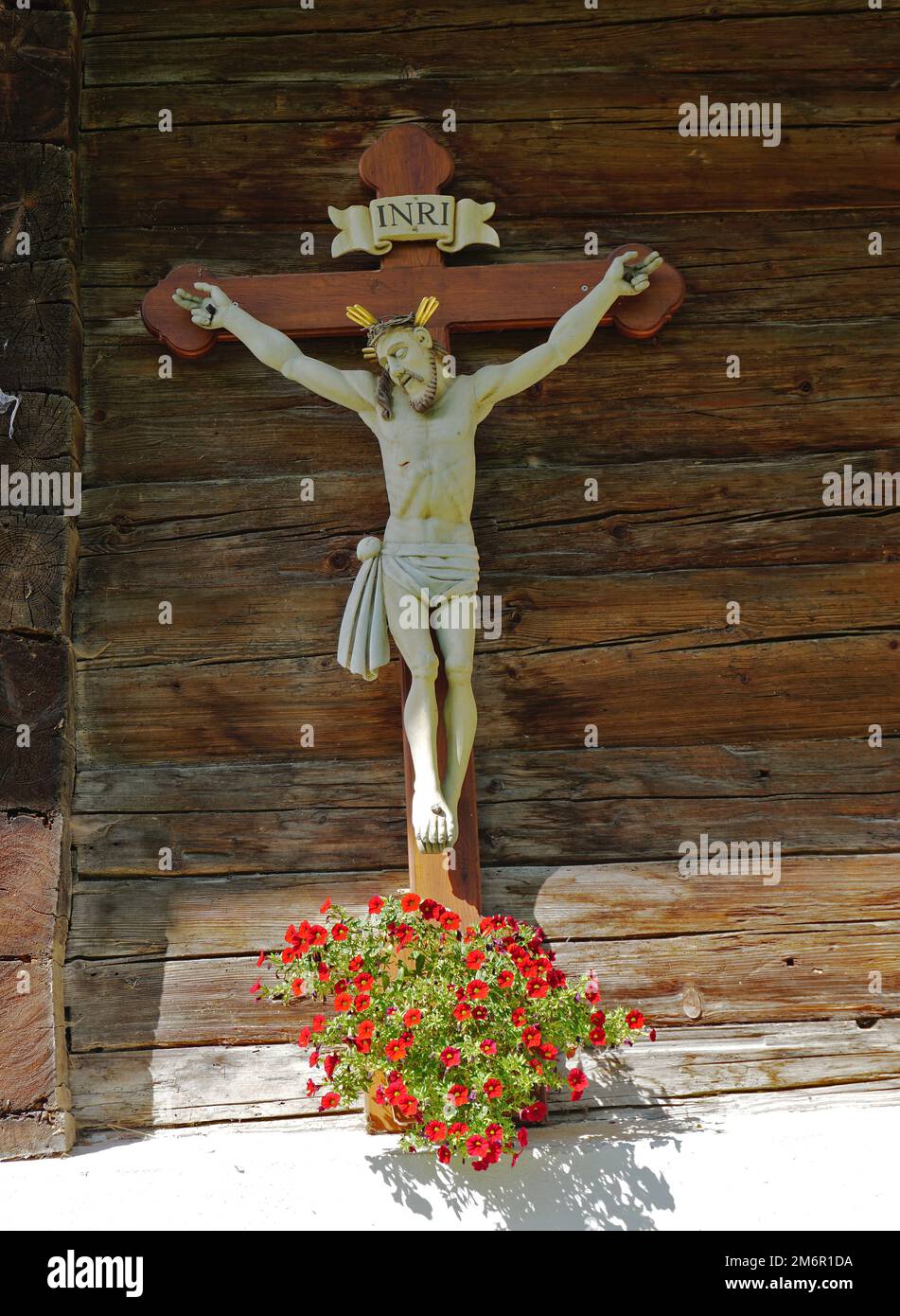 Jesus cross at a wooden hut in the Alps; Wilder Kaiser; Austria Stock ...
