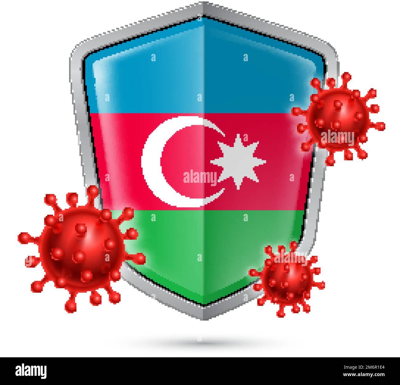 Flag of Azerbaijan on Metal Shiny Shield Icon and Red Corona Virus ...