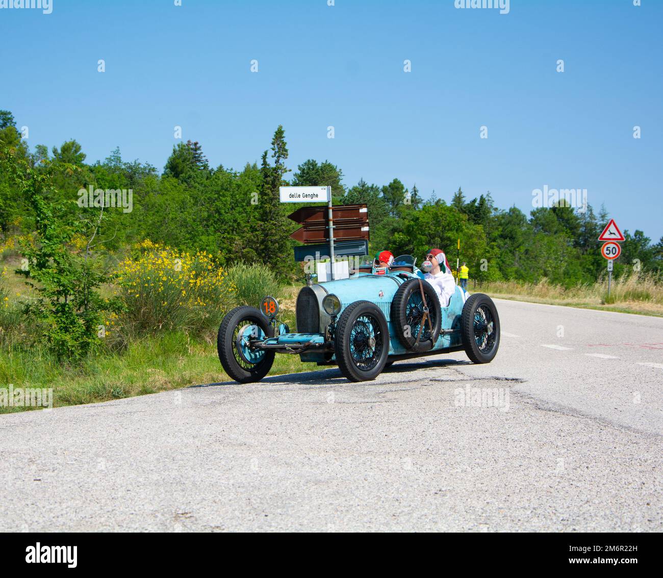 BUGATTI T35 1925 on an old racing car in rally Mille Miglia 2022 the ...