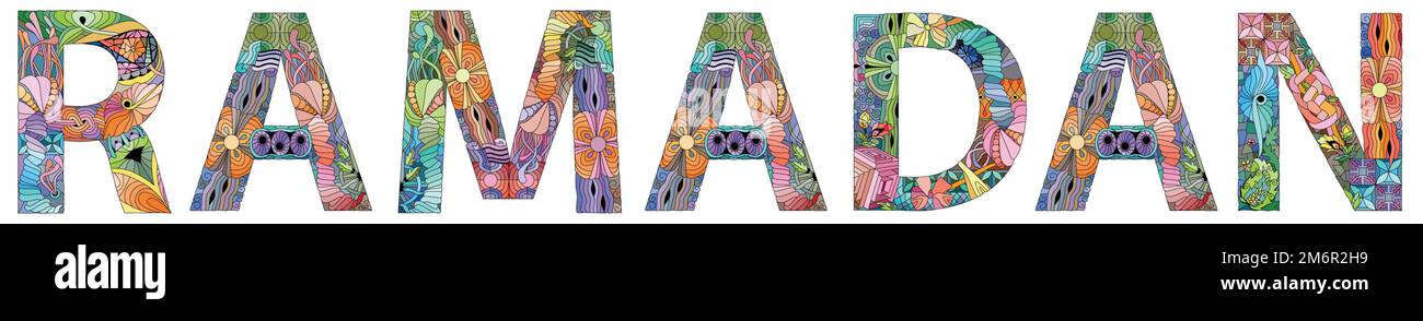 Hand-painted art design. Hand drawn illustration word RAMADAN for t ...