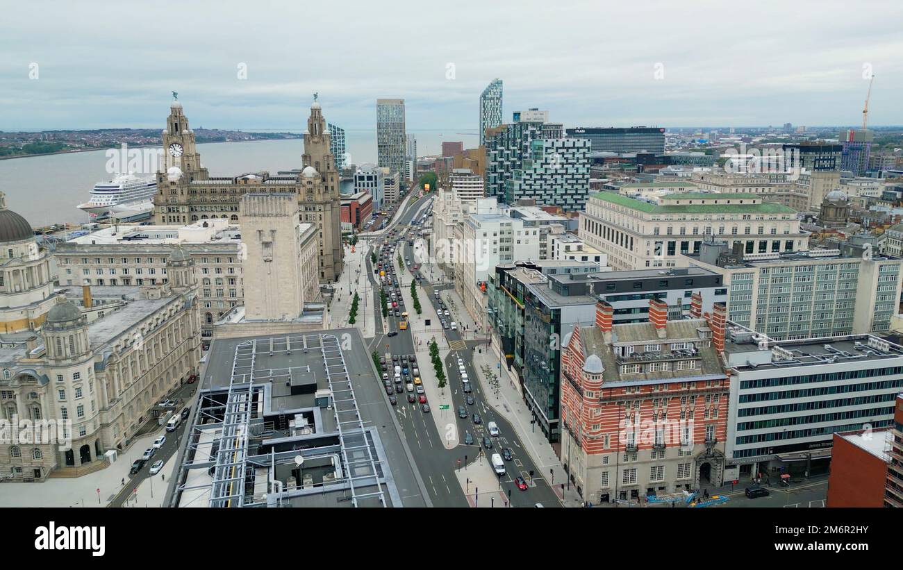 Flight over The Strand in Liverpool - the famous street at Pier Head ...