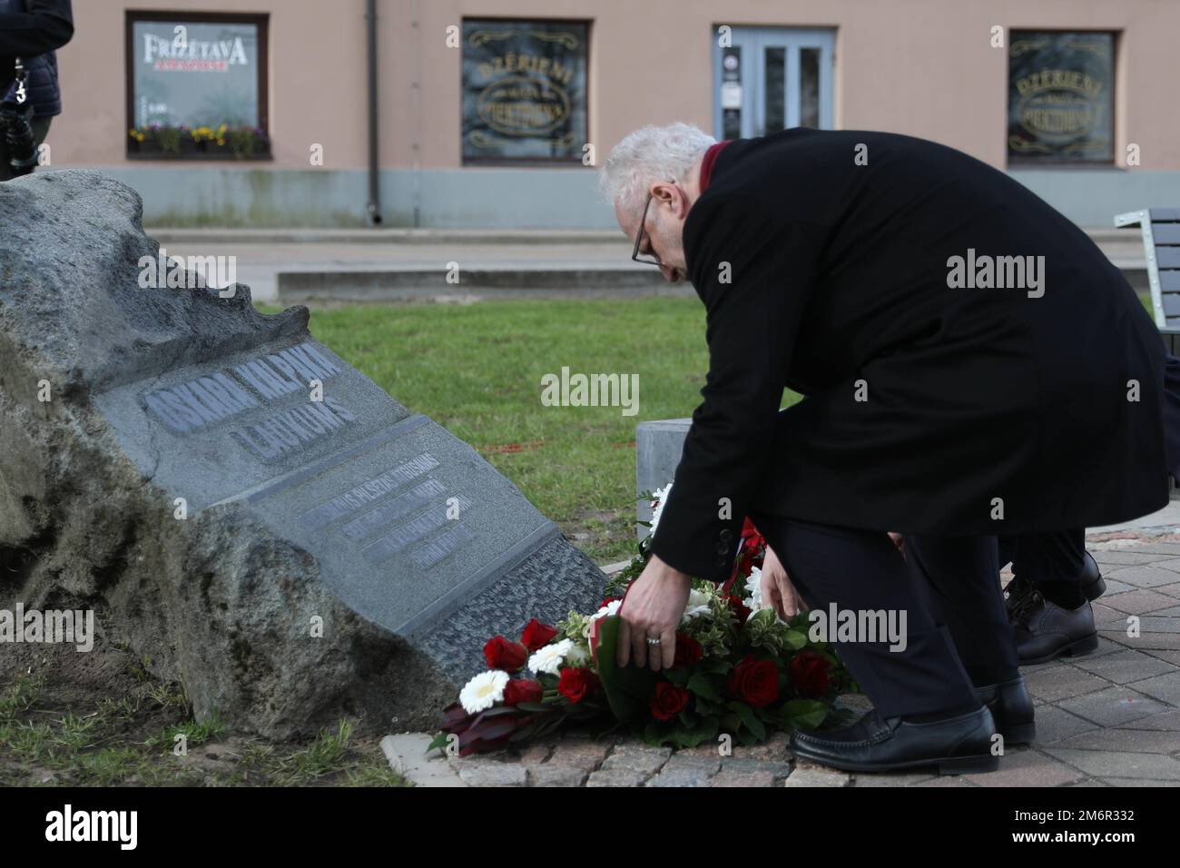 President of the Republic of Latvia Egils Levits places a wreath of ...