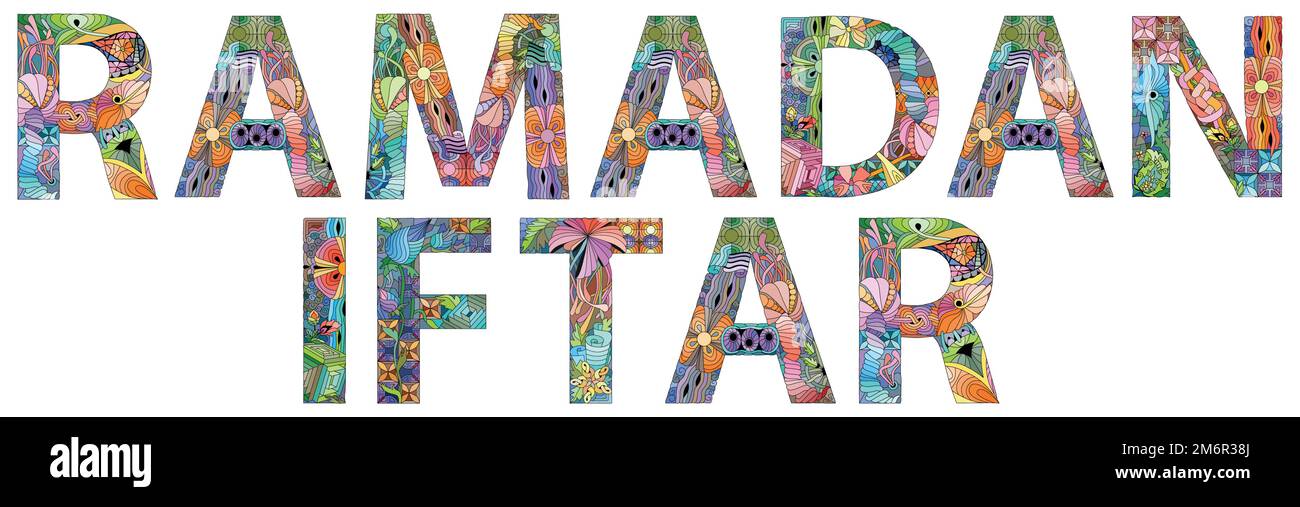 Hand-painted art design. Hand drawn illustration words RAMADAN IFTAR ...