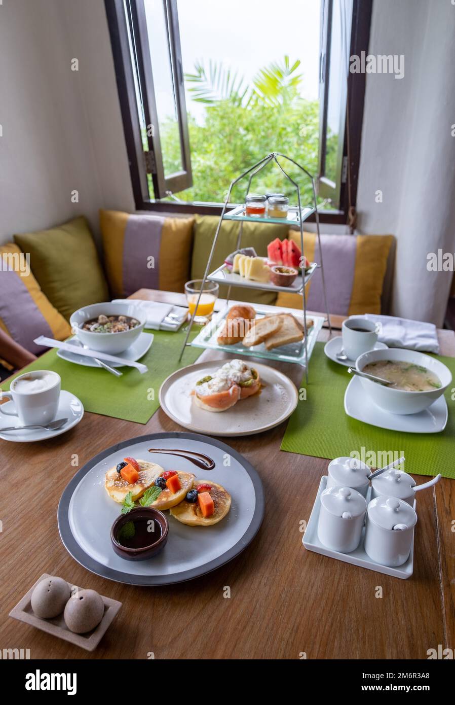 Luxury breakfast in the morning on a table, top view of breakfast in a ...