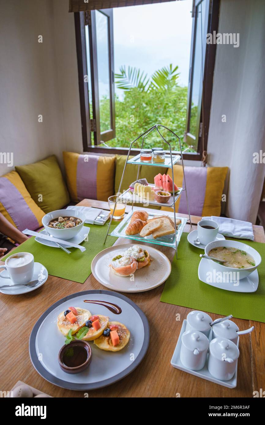 Luxury breakfast in the morning on a table, top view of breakfast in a ...