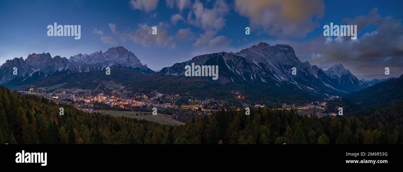 Autumn night Cortina d'Ampezzo Dolomites mountain town, Belluno, Italy ...