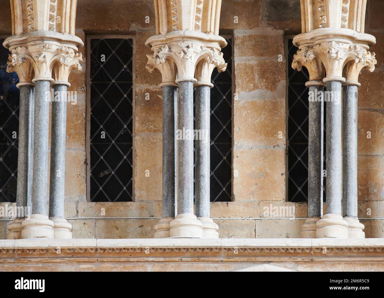 A trio of columns in the Chapter House of the medieval cathedral at ...