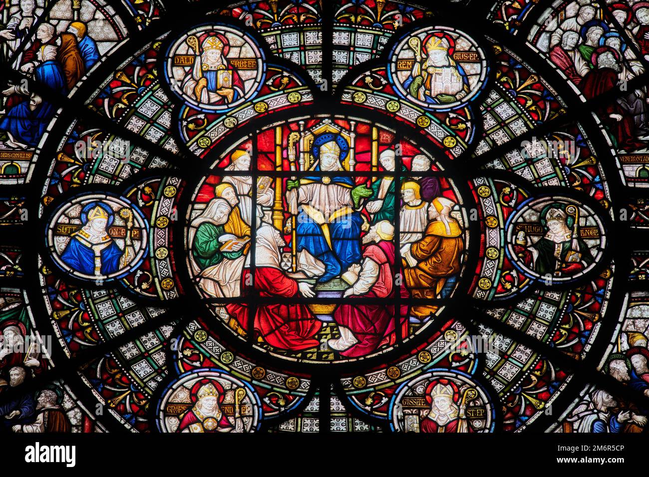 A stained glass window, of bishops, in the Chapter House of the ...