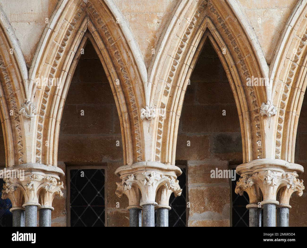 A trio of columns in the Chapter House of the medieval cathedral at ...