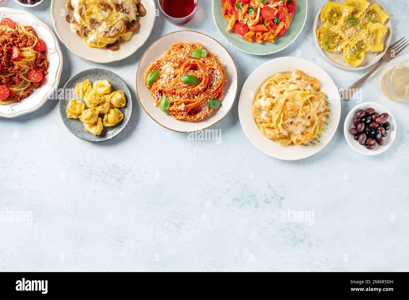 Italian food and drinks. Various pastas including spaghetti and penne ...