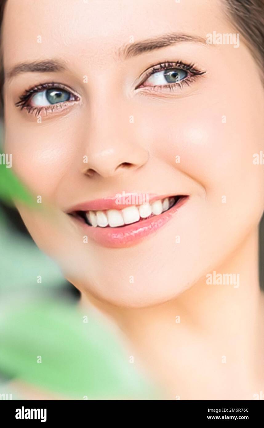 Natural beauty, perfect white teeth and healthy smile, beautiful woman in nature for skincare ...