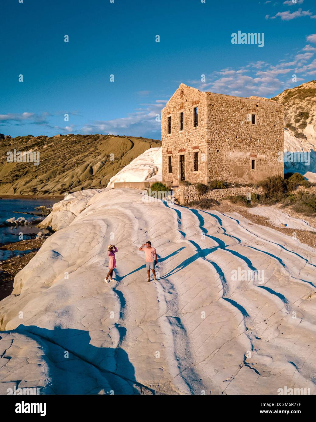 Punta Bianca Sicily Agrigento, white cliffs coast with abdonned house ...