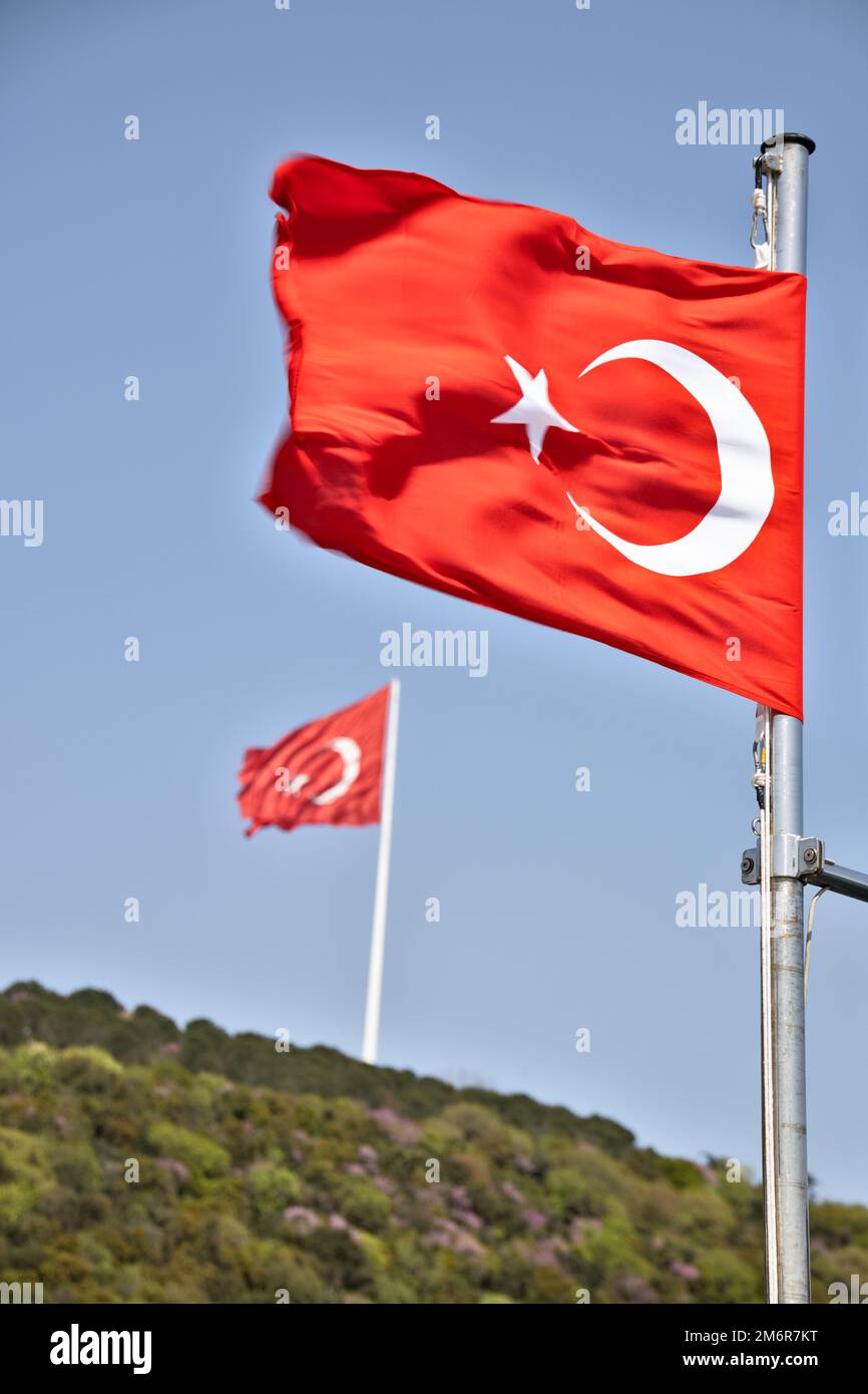 Two turkish flags waving simultaneously in different directions Stock ...