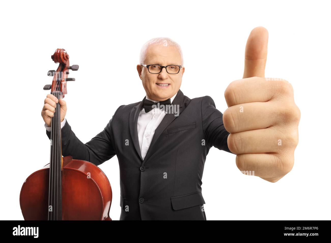 Male cellist gesturing thumbs up in front of camera isolated on white ...