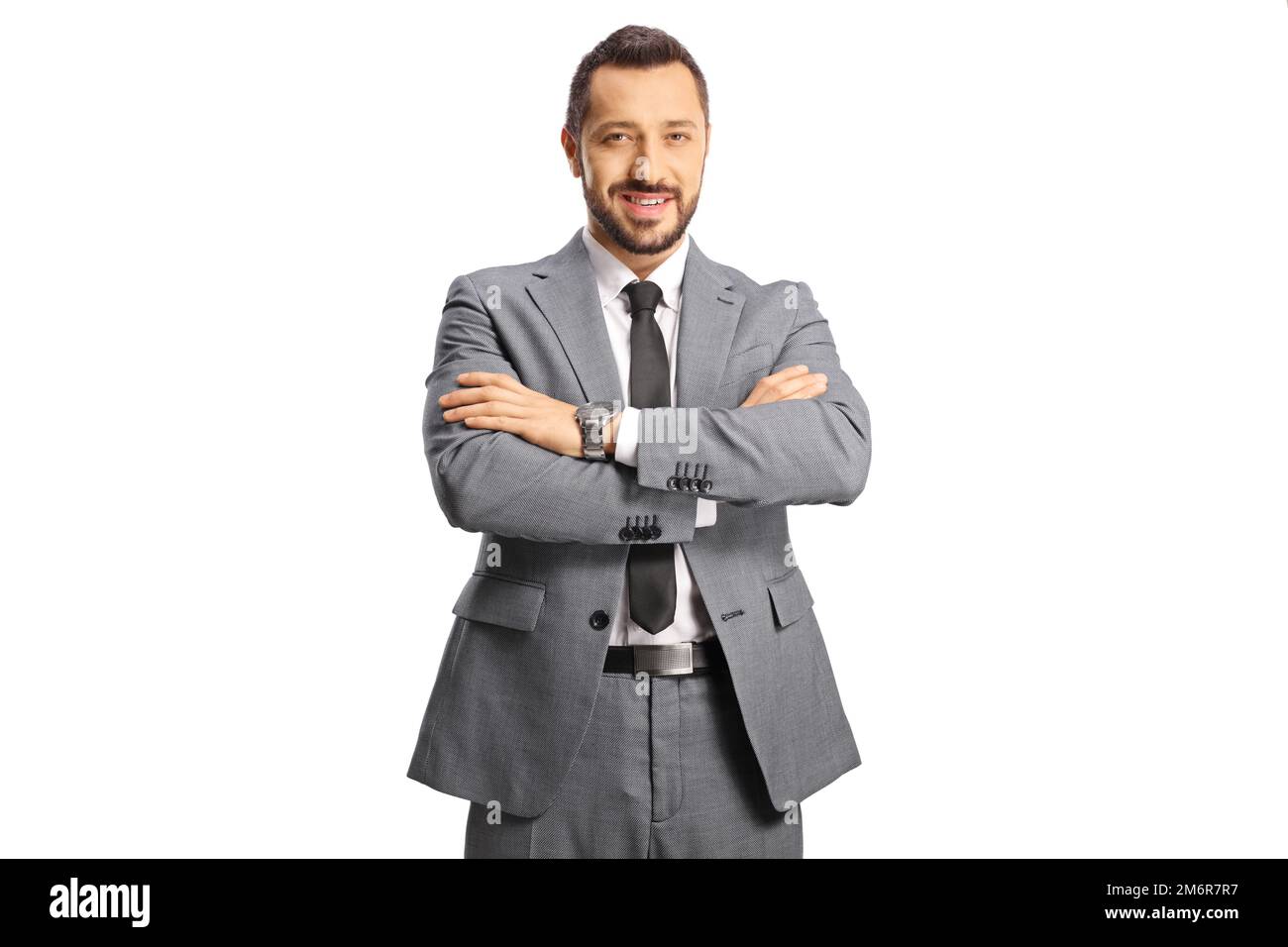 Professional man in a suit posing with crossed arms isolated on white ...
